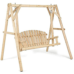 Tangkula Wooden Porch Swing, A-Frame Wood Log Swing Bench Chair, Outdoor Rustic Curved Back Swing Chair for Patio Garden Yard