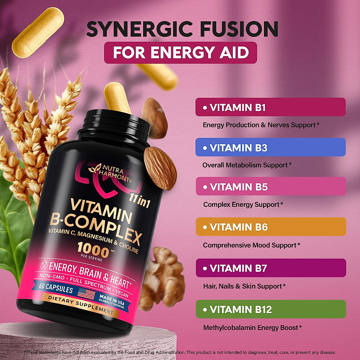 Vitamin B Complex for Men & Women - Made in USA - 11-in-1 B-Complex: B1, B2, B3, B5, B6, B7, B8, B9, B12 with Vitamin C, Choline, Inositol - Energy, Brain & Heart Support Supplement, 60 Vegan Capsules