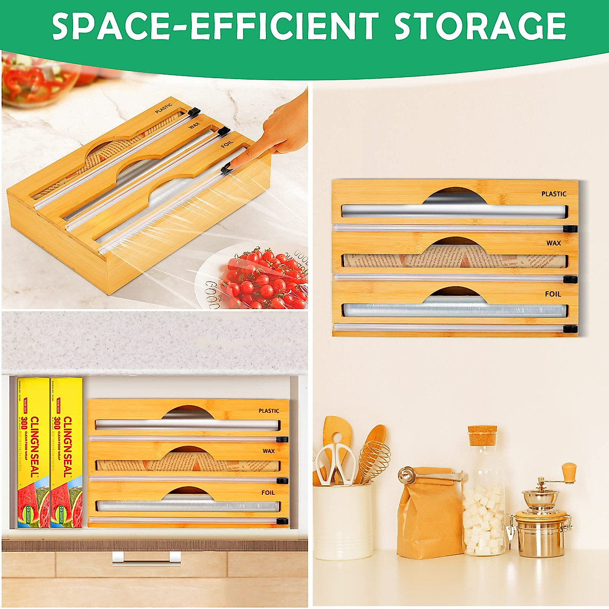 3-in-1 Bamboo Plastic Wrap Dispenser with Cutter, Foil and Plastic Wrap Organizer, Aluminum foil Organization and Storage, Aluminum Foil, Cling Film, Parchment Paper, Foil Organizer for Drawer