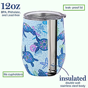 Vera Bradley Insulated Wine Tumbler, 12 Ounce Travel Cup, Blue Stainless Steel Tumbler with Lid, Turtle Dream