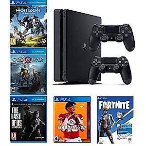 2019 Playstation 4 Slim PS4 1TB Console + Two Dualshock-4 Wireless Controllers + (Madden NFL 20, The Last of US, etc, Fortnite) Bundle (Renewed)