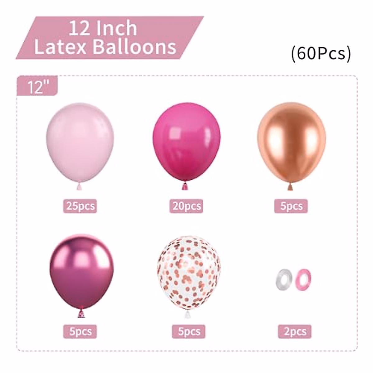 GREMAG Pink Balloons, 12inch Hot Pink Rose Gold Macaron Pink Metallic Magenta Confetti Balloon Kit with Ribbons, 60Pcs Latex Balloon for Birthday Baby Shower Anniversary Wedding Graduation Girls Party