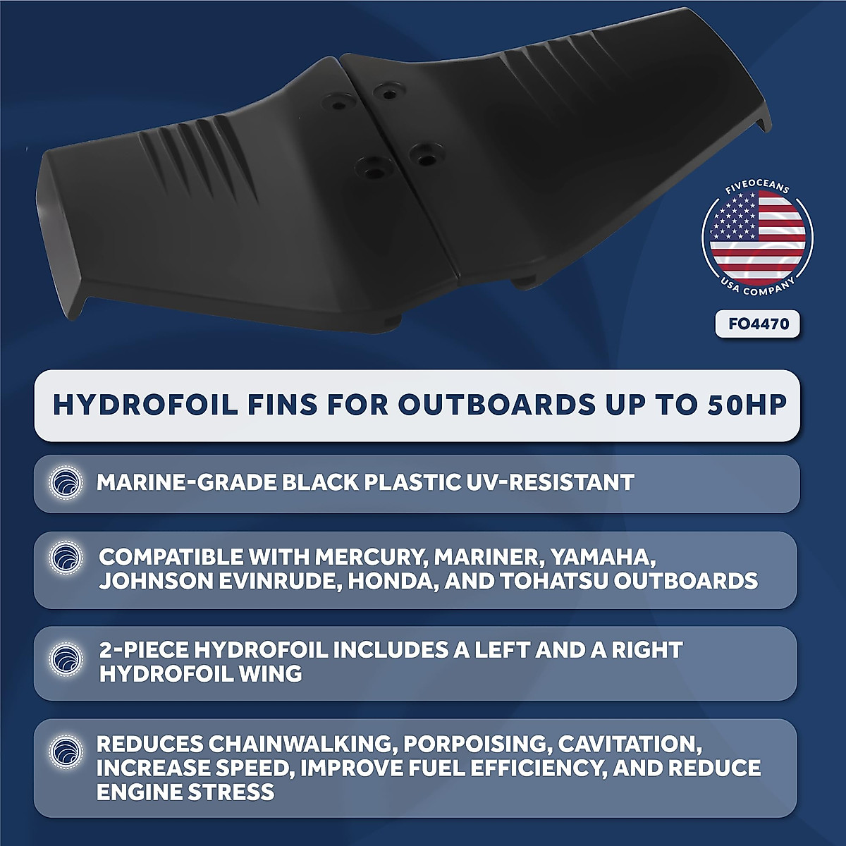 Five Oceans Hydrofoil, Hydrofoil for Outboard Motor, Hydro-Stabilizer Fins for Outboards and Stern Drive, Up to 50HP, Black - FO4470