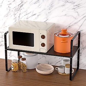 GEDLIRE Expandable Kitchen Cabinet Shelf Organizers 2 Pack, Stackable Metal Pantry Storage Shelves Rack, Adjustable Counter Shelf for Cabinets, Countertop, Cupboard Organizers and Storage, Black