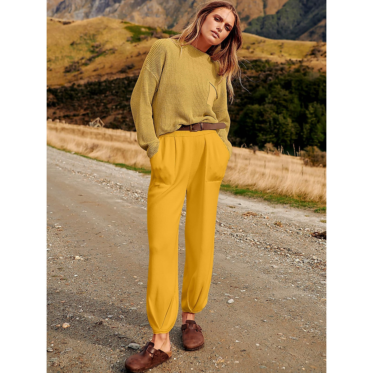 ANRABESS Women's Two Piece Outfits Long Sleeve Knit Top Fall Sweater Set Oversized Pants Tracksuit Lounge Sets Yellow Medium