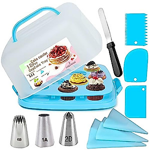 CASYMAR Portable Cake Carrier with 12 Cupcake Holder with Lid- Plastic Cake Containers with Lids Includes Knife & Accessories-Two Sided Base for Snacks Cookies Nuts Fruit etc-Suitable for 12-inch Cake