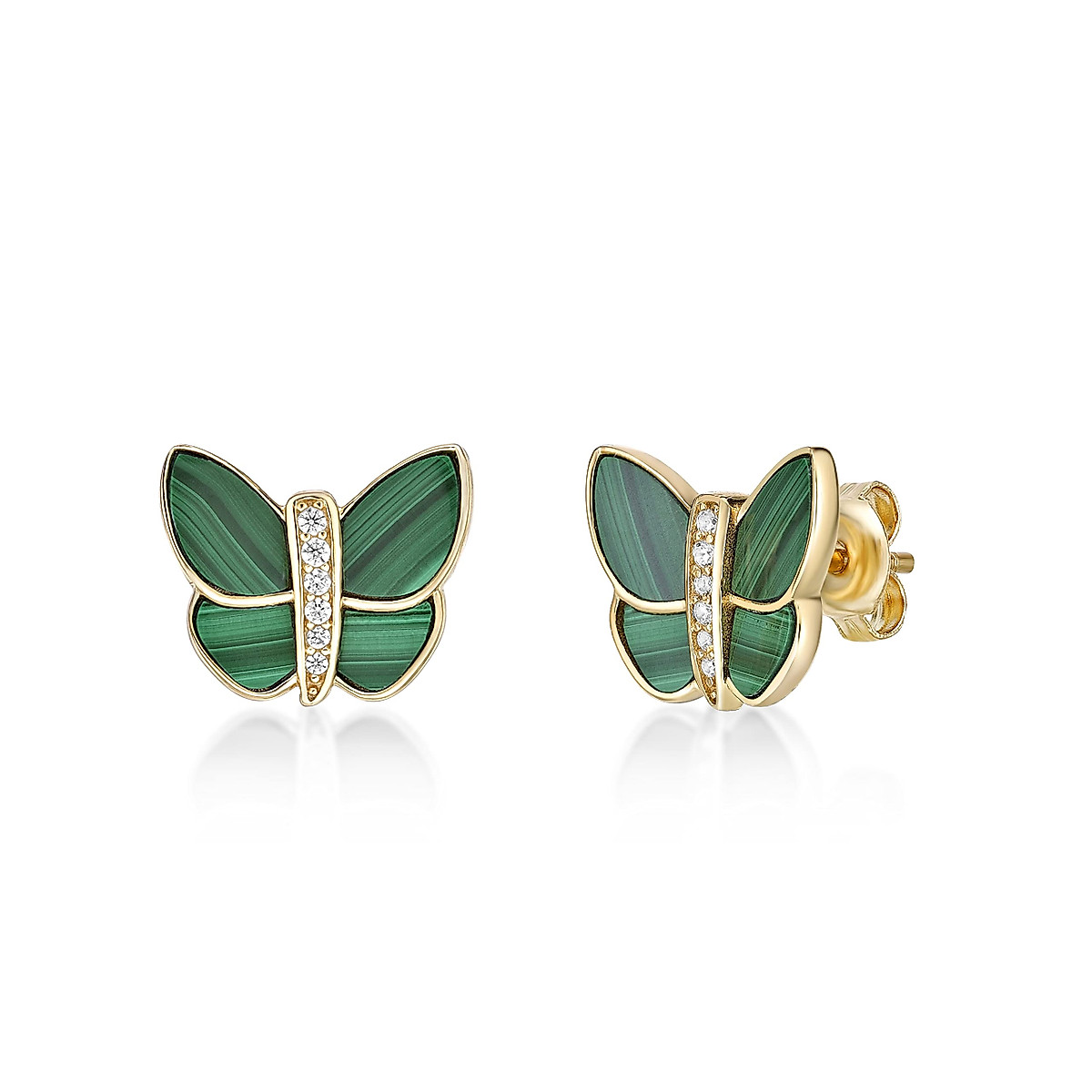 Green Malachite and Cubic Zirconia Butterfly Stud Earrings in 925 Sterling Silver with Yellow Gold Plating with Friction Back by Lavari Jewelers
