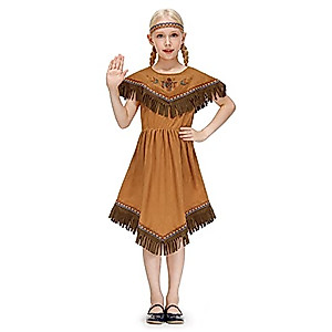 IIMMER Girls Halloween Native American Costume Brown Fringed Indians Pleated Aline Dress Outfit with Headband 9-10 Years