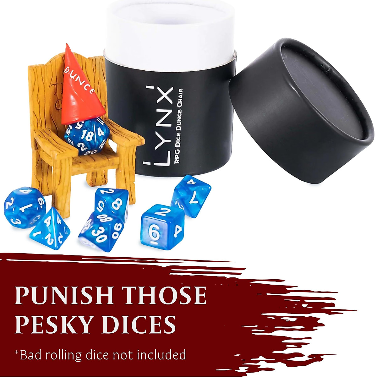 LYNX DND Dice Jail - Time Out Chair & Dunce Hat Punish Your Bad in Our of Shame Accessories/Gift for Dungeons and Dragons. Miniature Cap Works All D&D D20, D10, D8, D6, D4