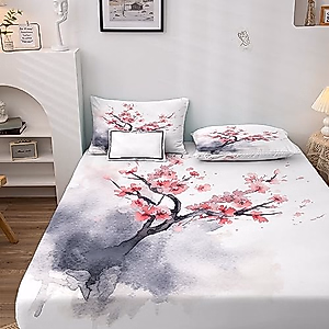 Cherry Blossom Sheets Full Size, Sakura Japanese Style Bed Sheets, Patterned Bedding Sheets & Pillowcases 4 Piece Set - Soft Microfiber Deep Pocket Fitted Sheet & Flat Sheet & 2 Pillow Cases L2-&-112