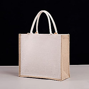 TCOOME Burlap Tote Bag With Sturdy Handle, Reuseable Burlap Jute Tote Bags for Wedding Favors, Daily use（S 14.2x12.6x5.9inch） White Medium