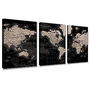 Vintage World Map Canvas Wall Art Retro Map of The World Canvas Prints Framed and Stretched for Living Room Ready to Hang 12''x16'' 3 Piece