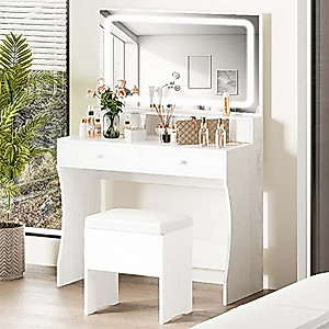 IRONCK Vanity Desk Set with LED Lighted Mirror & Power Outlet, Makeup Vanity Table with 4 Drawers,Storage Stool,for Bedroom, Bathroom, White