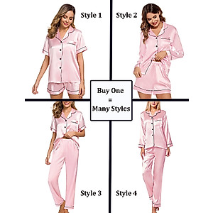 SWOMOG Women 4Pcs Silk Pajamas Set Button Down Sleepwear Loungewear Pj Sets for Ladies Nightwear Pink Small