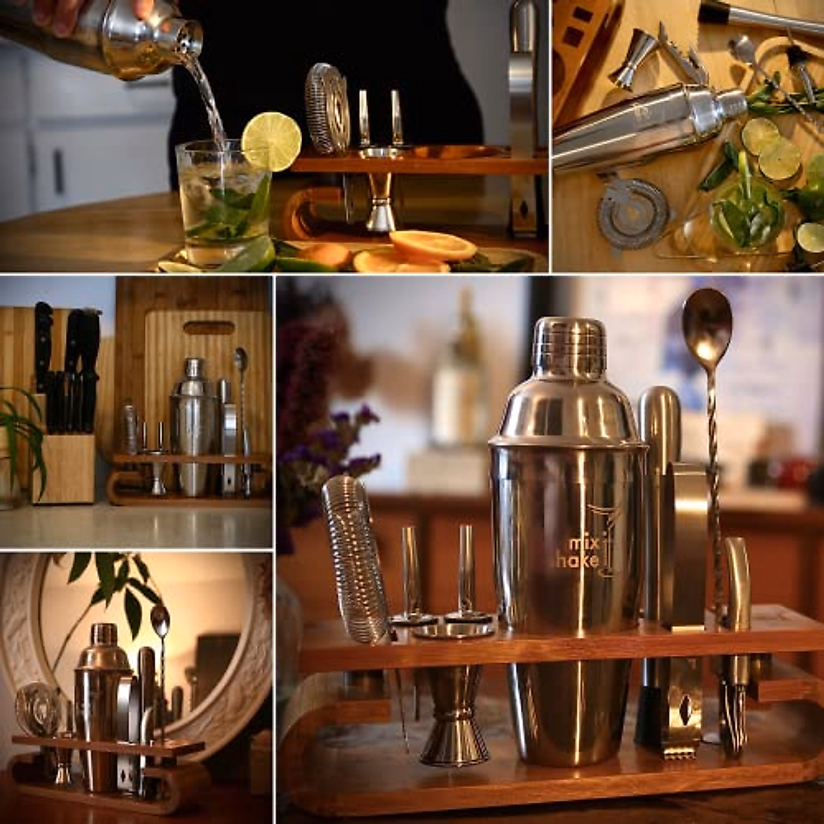 MIX IT SHAKE IT 10-Piece Premium Bartender Kit with Designer Bamboo Stand, Bar Tool Set | Perfect Home Bar Set & Martini Cocktail Shaker Set | Perfect for Gift, Drink Mixing & Party (Silver)