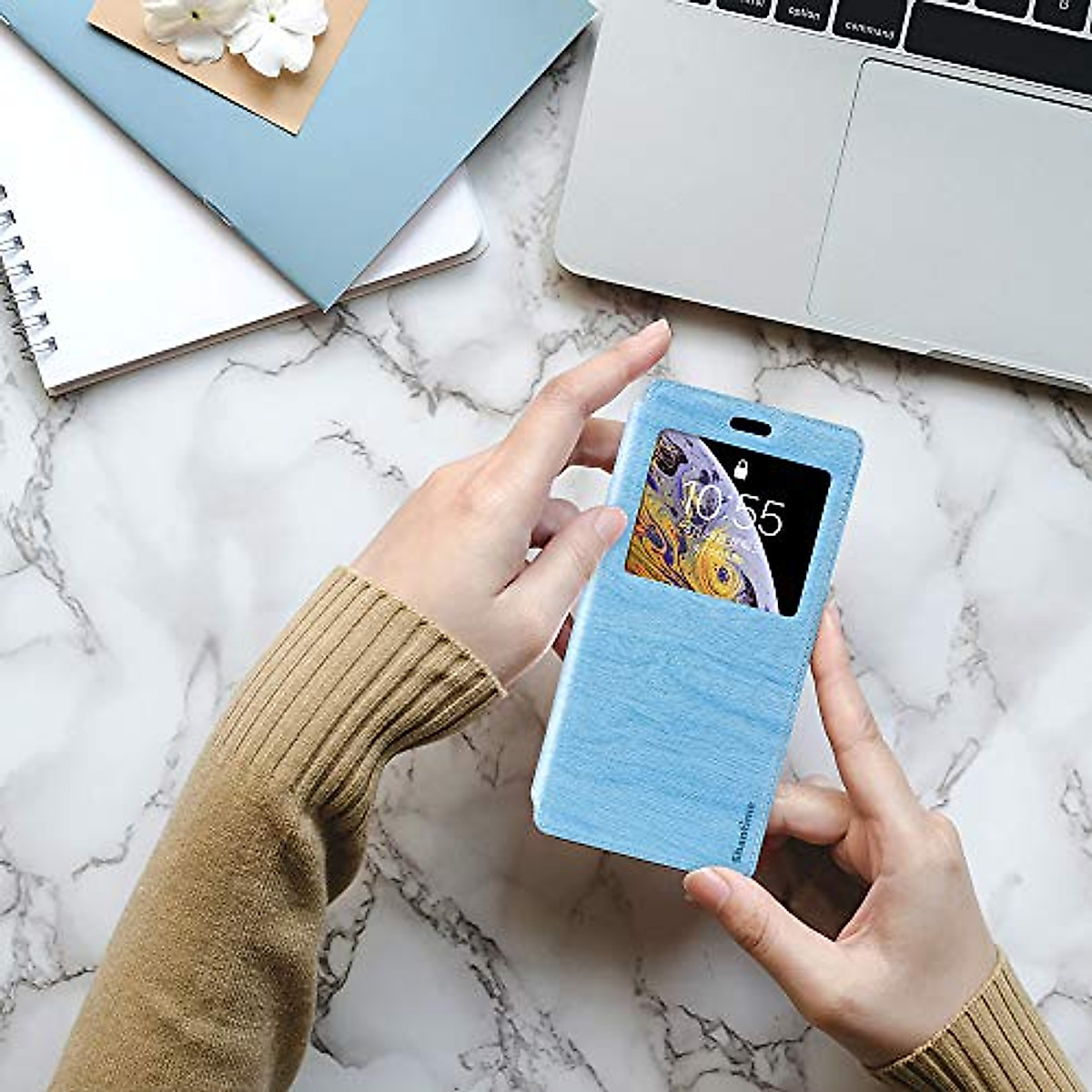 Shantime for Oppo A58X 5G Case, Wood Grain Leather Case with Card Holder and Window, Magnetic Flip Cover for Oppo A78 5G (6.56”) Sky Blue