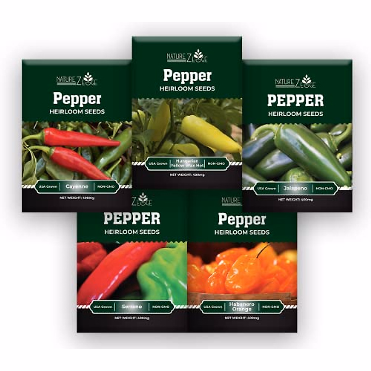 Hot Pepper Seeds for Planting, Cayenne, Hungarian Yellow, Jalapeno, Serrano, Habanero Orange, Heirloom Pepper Seeds Variety Pack, NonGMO