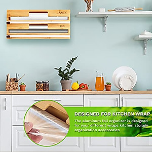 TrueBest 2 in 1 Foil and Wrap Organizer with Cutter and Labels, Compatible with 12" Roll Wrap neat Aluminum Foil and Wax Bamboo Dispenser for Kitchen drawer with 2 Slots, Mounting Screws.