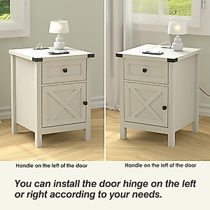 Farmhouse Nightstand with Charging Station, White Side Table, Rustic End Table with Barn Door and Drawer, Rustic Floating Nightstands Modern Bed Side Table Night Stand for Bedroom and Living Room
