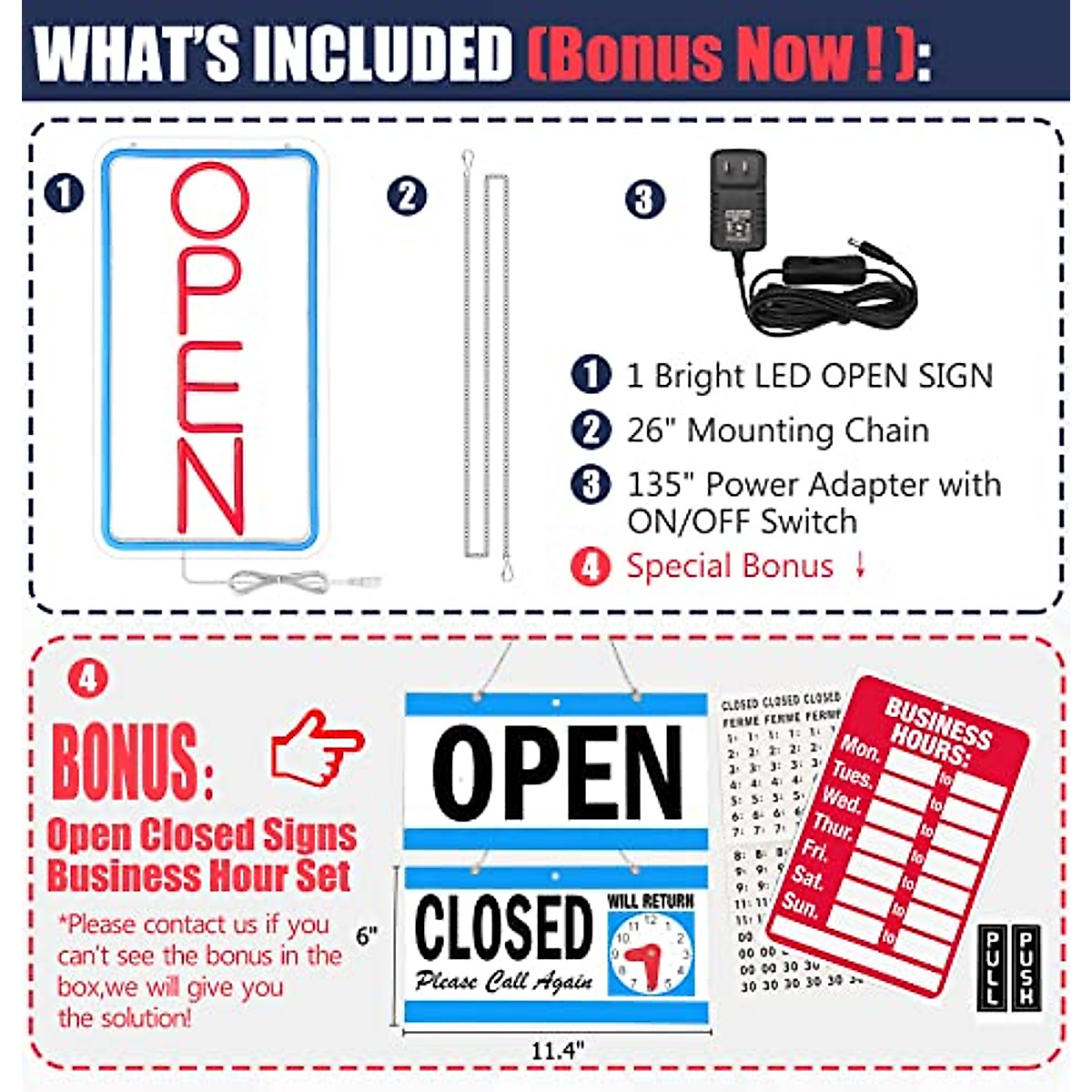 Open Signs for Business,Neon Open Sign Led,16.5"x 9",with Open/Closed Bussiness Hour Sign Set,Light for Bar Coffee Salon Store Window,12V/2A Adapter with ON/OFF Switch (Blue/Red Vertical)