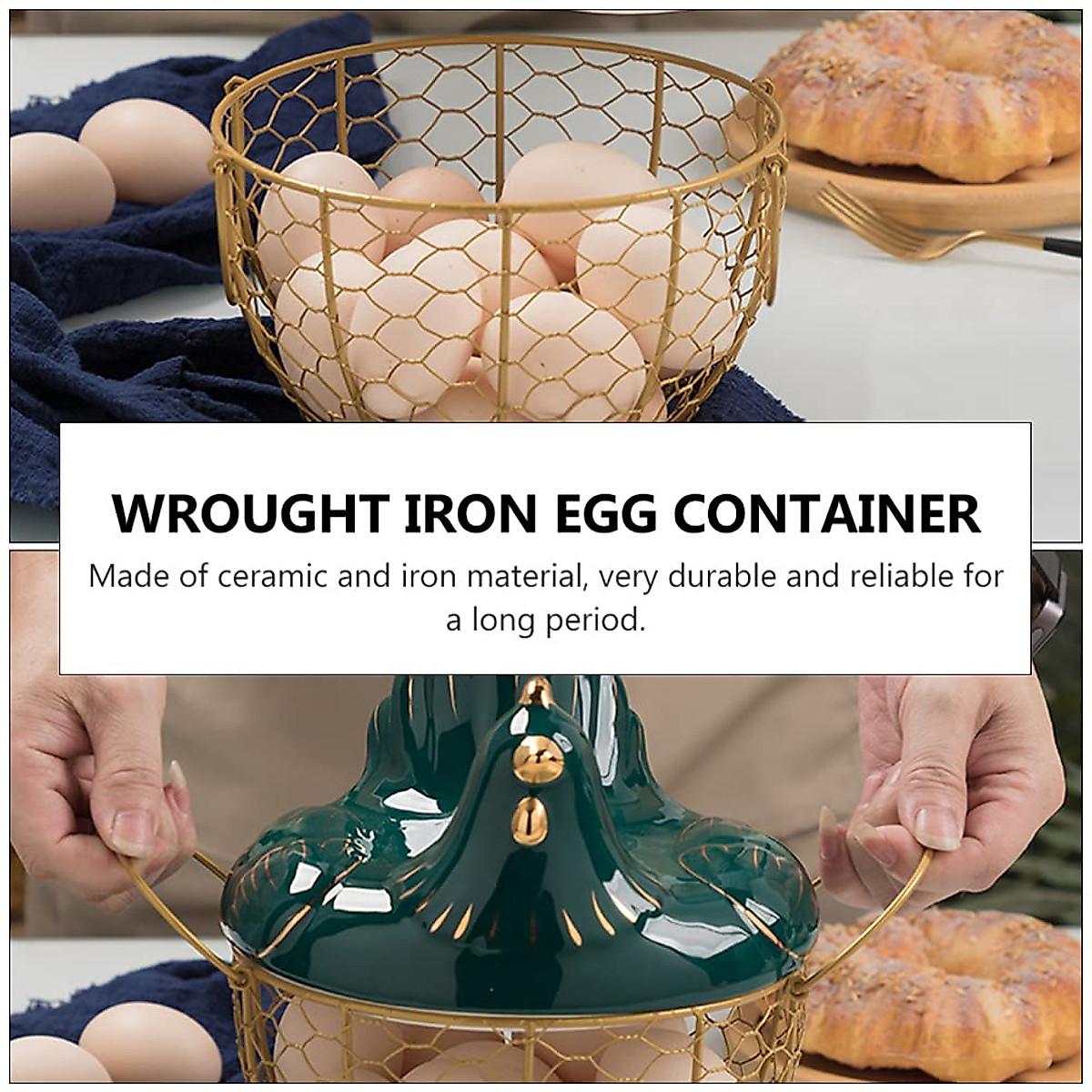 Hemoton Metal Wire Egg Basket Chicken Egg Storage Skelter Basket with Ceramic Farm Chicken Cover Egg Holder Organizer Container