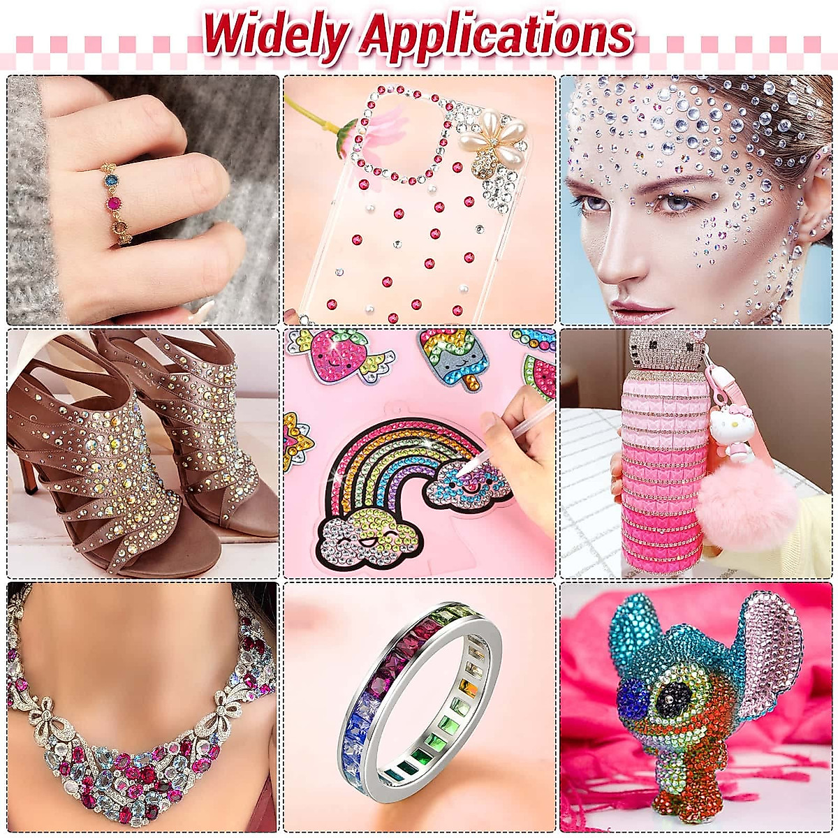 Audab Red Rhinestone with B7000 Adhesive Glue for Craft, 2100Pcs Flat Back Rhinestones Crystal Gems with Dotting Tools Clear Craft Glue for Clothes Fabric Shoes Jewelry Making Nail Art Makeup