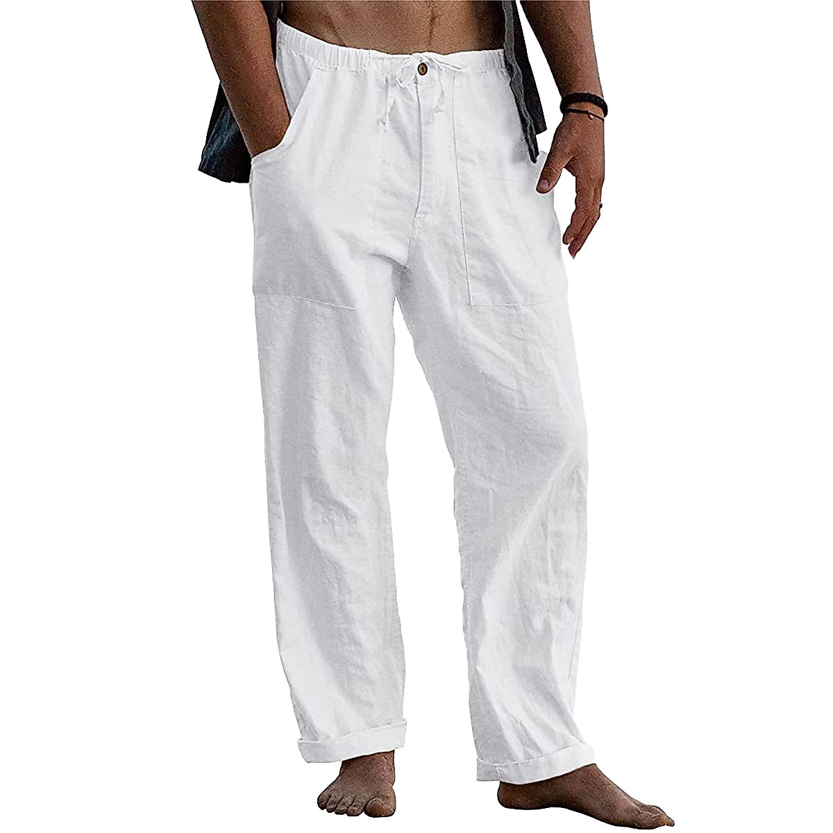 LVCBL Men's White Linen Pants Drawstring Pants Casual Beach Pants,White,XL