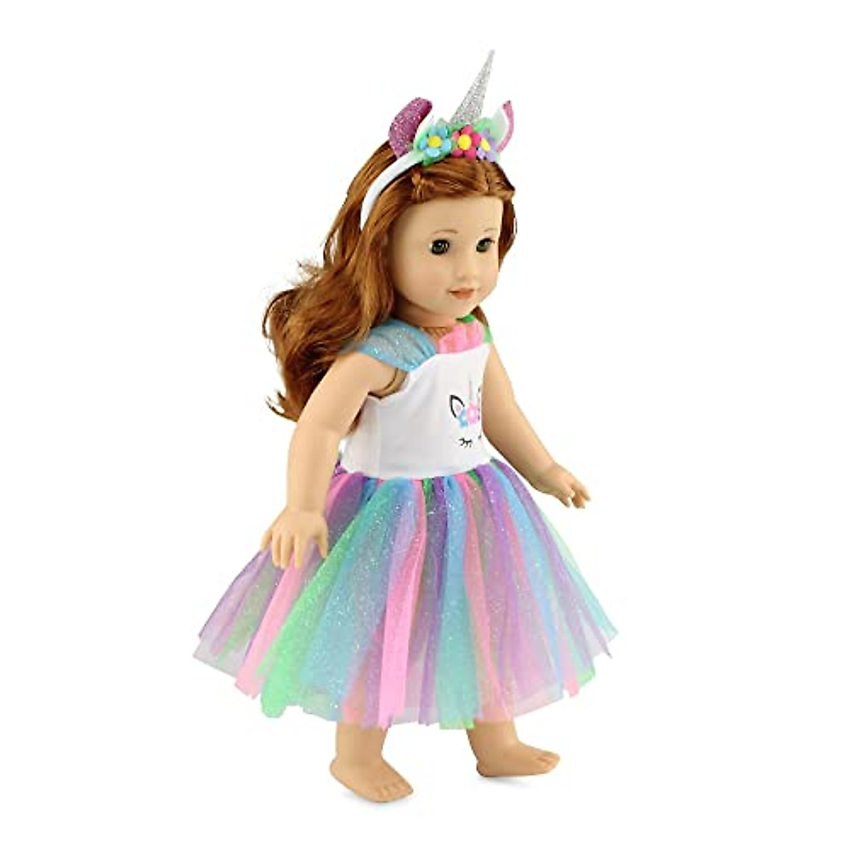 Emily Rose 18 Inch Doll Clothes 18" Doll Unicorn Glittery Doll Dressy Dress Gift Set with Headband Accessory