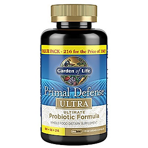 Garden of Life Whole Food Probiotic Supplement - Primal Defense Ultra Ultimate for Digestive and Gut Health, 216 Vegetarian Capsules