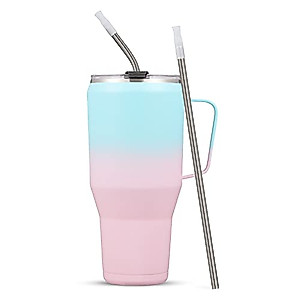 GOBATT 40 oz Tumbler with Handle and Straw Lid，Reusable Stainless Steel Double Vacuum Insulated Travel Mug Iced Coffee cup ，Keep Cold for 24 Hours, pink green