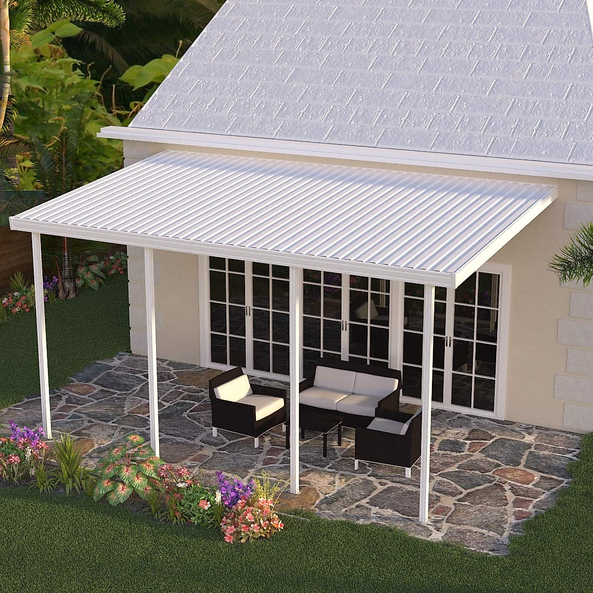 Four Seasons Outdoor Living Solutions TWV Series 20X12ft High-Grade Aluminum Attached Patio Cover Awning, 4 Posts, 20 Lb. Snow Load, White