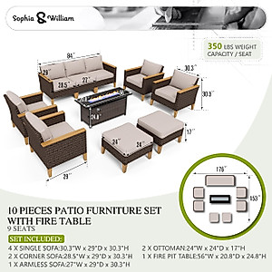 Sophia & William Patio Furniture Set with Fire Pit Table, Large Outdoor Wicker Rattan Sectional Sofa 10 Piece Patio Conversation Set for Deck, Backyard, Porch, Outside(56-Inch Fire Pit,Beige)