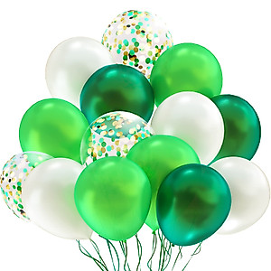 KBZVNAF Green White Latex Party Balloons - 50pcs 12 inch White Green Gold Confetti Balloons for Jungle Theme Party Balloons Supplies