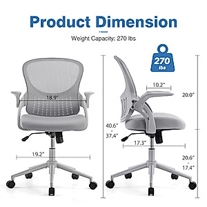 JHK Home Office Desk Chair – Ergonomic Office Chair with Lumbar Support and Flip-up Armrest, Height Adjustable Mesh Computer Chair, Suitable for Office, Study, Conference Room, Grey