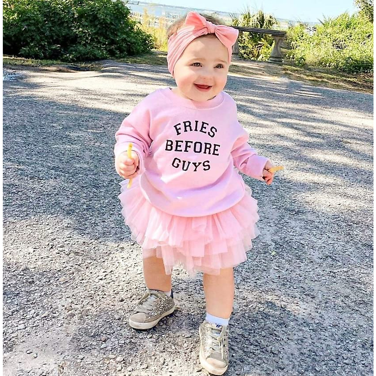 Twopumpkin Toddler Valentine's Day Shrit Baby Girl Letter Print Outfit Crewneck Sweatshirt Long Sleeve Holiday Sister Matching Clothes 2-3T V Fries Before Guys Pink
