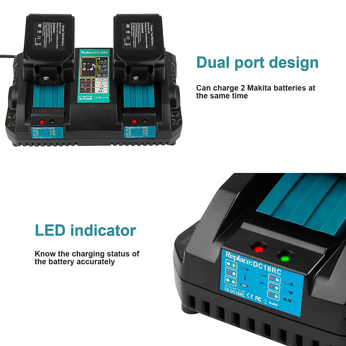 TREE.NB 18V DC18RD Dual Ports Battery Charger, Fast Replacement Charge 4A 120W Lithium-Ion Battery BL1415 BL1430 BL1830 BL1840 BL1850 BL1850B BL1860B, Replace DC18RC DC18SF DC18RT