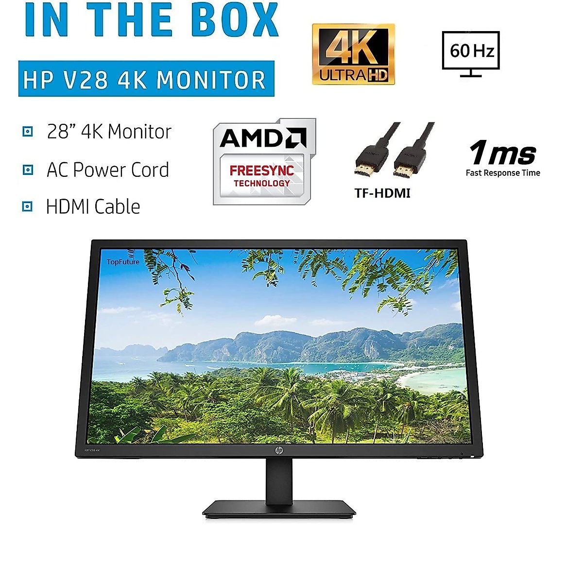 HP New Premium v28 4K Monitor: 28" UHD 3840 x 2160 (4K) TN Slim-Edge Display, AMD FreeSync Tech, Height/Tilt Adjustment, HDMI, DisplayPort, 1ms Response time, 16:9 Aspect Ratio, 60Hz, TF HDMI Cable