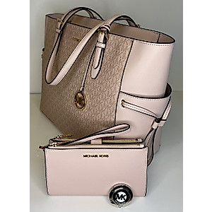 Michael Kors MICHAEL Michel Kors Gilly Large Drawstring Travel Tote bundled with Double Zip Wristlet Purse Hook (Signature MK Pink)