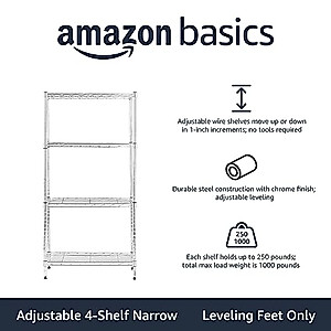 Amazon Basics 4-Shelf Adjustable, Storage Shelving Unit, (200 Pound Loading Capacity per Shelf), Steel Organizer Wire Rack, 13.4"D x 23.2"W x 48"H, Chrome