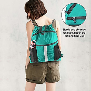 BeeGreen Teal Drawstring Backpack String Bag with Water Bottle Pockets Large Workout Bag Sackpack and Shoe Compartment Swim Sports Cinch Bag for Men Women Gym Yoga