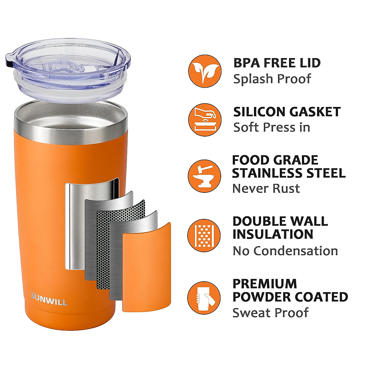 SUNWILL 20oz Tumbler with Lid, Stainless Steel Vacuum Insulated Double Wall Travel Tumbler, Durable Insulated Coffee Mug, Powder Coated Orange, Thermal Cup with Splash Proof Sliding Lid