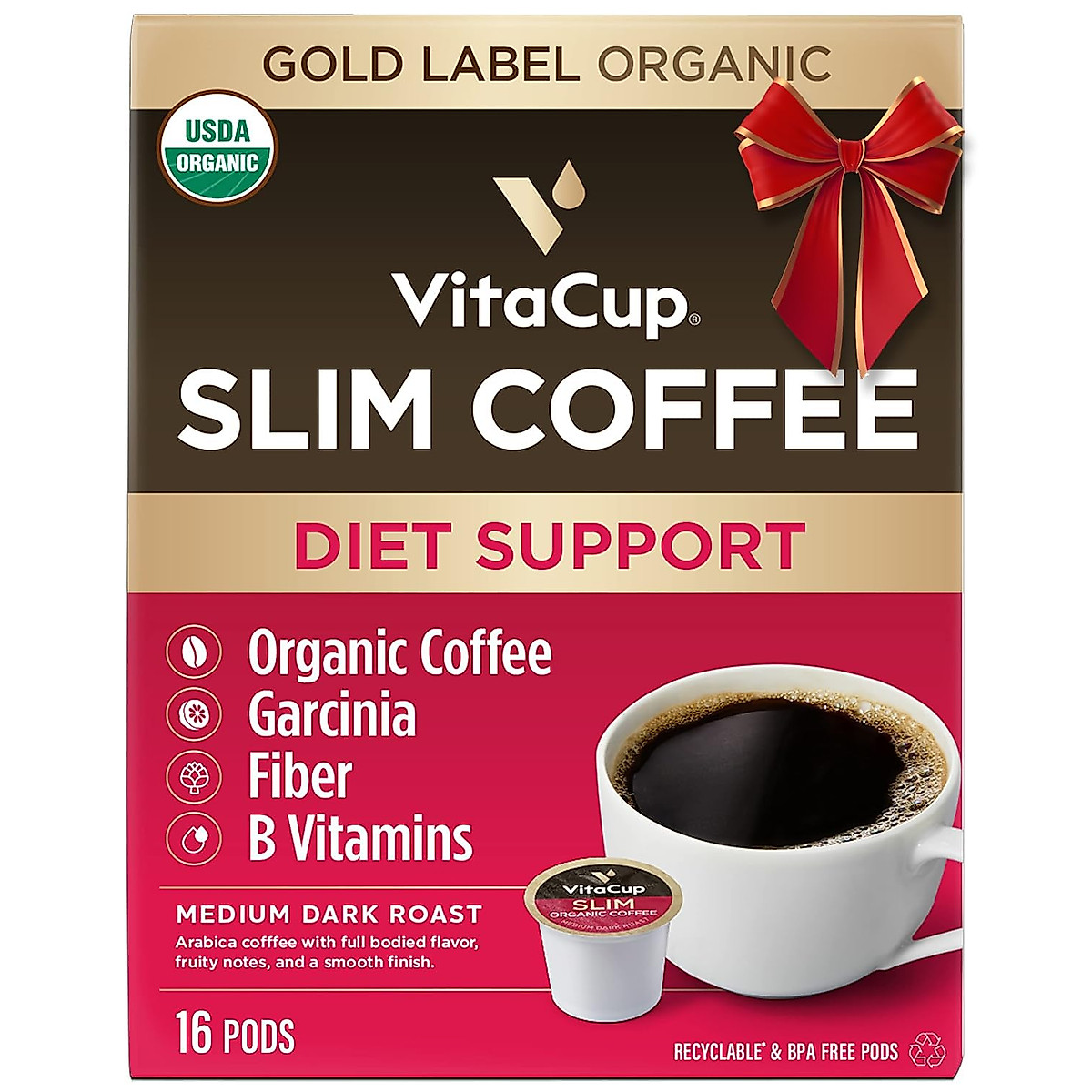 VitaCup Slim Organic Coffee Pods, Diet Support with Ginseng, Garcinia, B Vitamins, Bold Medium Dark Roast, Single Serve Pod, Compatible with Keurig K-Cup Brewers,16 Ct