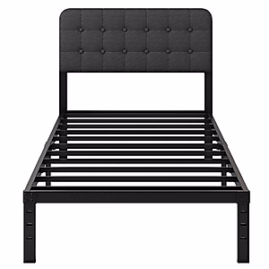Likelalaso Twin Bed Frame with Upholstered Headboard, 12 inch Twin Metal Platform Bed Frame, Steel Slat Support, Noise Free, No Box Spring Needed, Easy Assembly, Black