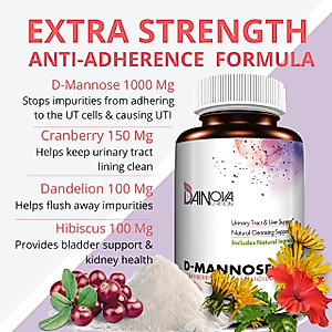 DAINOVA D Mannose 1350mg with Cranberry I D-Mannose Capsules for UTI Prevention, Urinary Tract Support, Urinary Tract Health for Women, & Cleanse. W/Hibiscus & Dandelion, 120 Veggie Capsules
