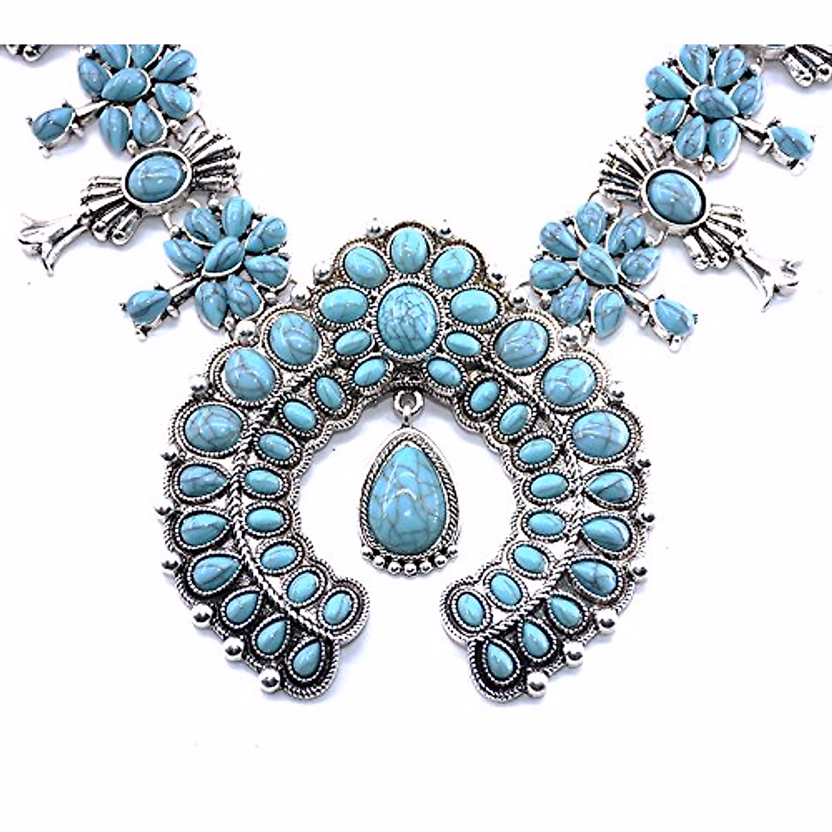 Lovage Bohemian Exaggerate Turquoise Flower Zinc Pendant Necklace Women Jewelry (Blue)
