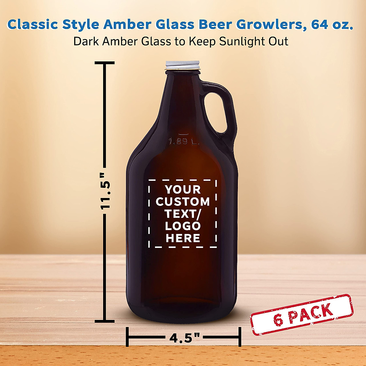 DISCOUNT PROMOS 6 Amber Glass Beer Growlers Set, 64 oz. - Customizable Text, Logo - Screw on Lid, Sturdy, Barware - Amber