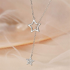 Crystal Star Lariat Y Pendant Necklace for Women 925 Sterling Silver Fashion Dainty CZ Lucky Stars Drop Choker Hypoallergenic Jewelry Christmas Valentine Holiday Gift