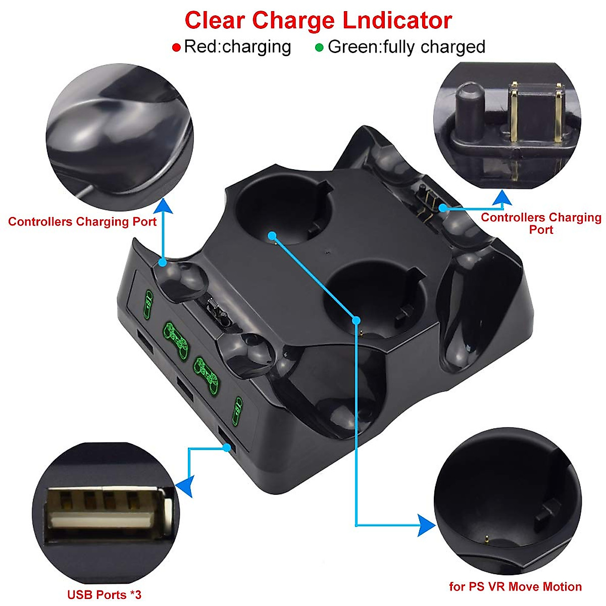 PS4 Controller Charger Station, PS 4 VR Move Motion Controller Fast Charging Dock with LED Indicator, Compatible with PS4/ PS4 Pro/ PS4 Slim, Black