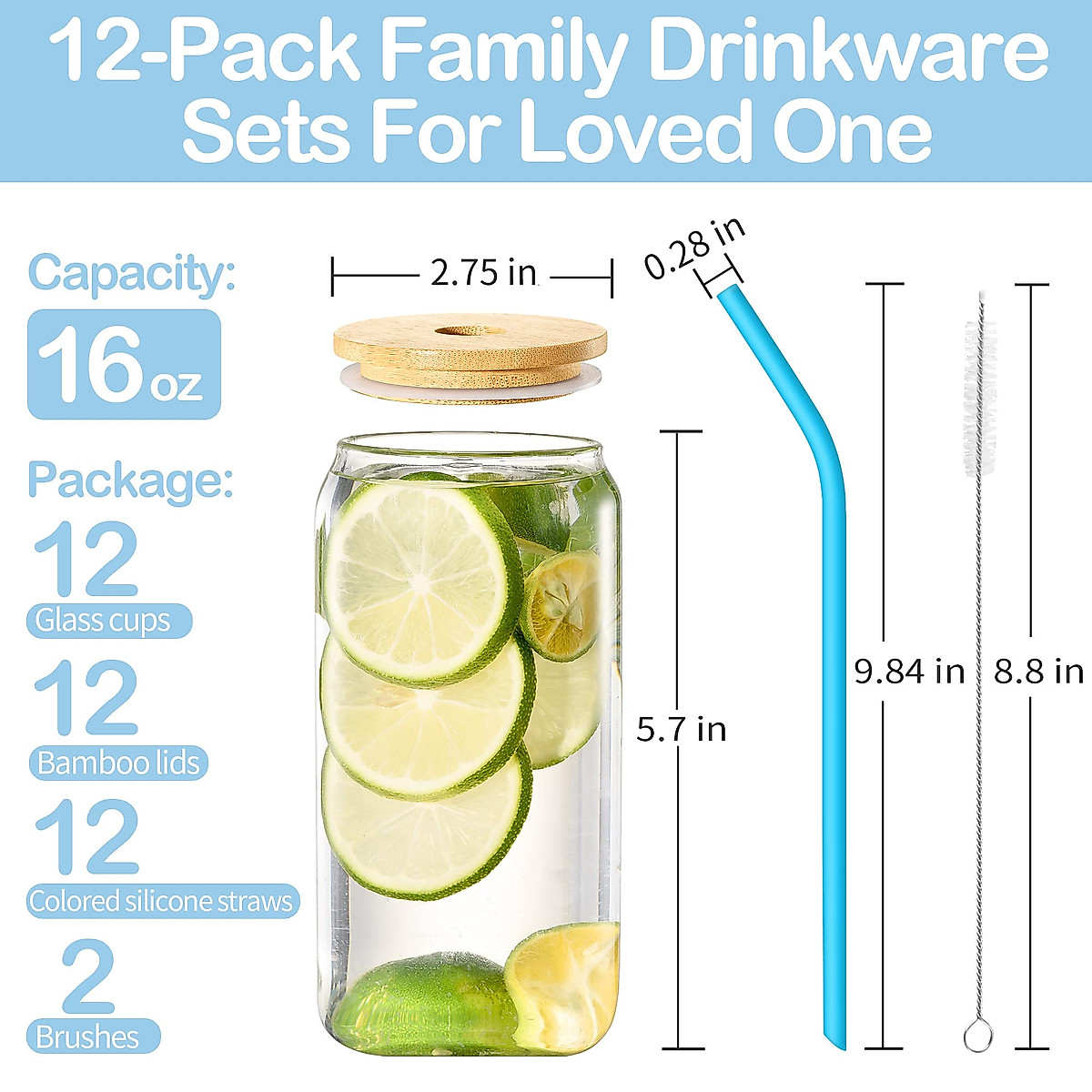 AJARAERA 16 oz Glass Cups with Lids and Straws,Beer Glasses,Iced Coffee Cup, Glass Cups,Glass Cup Set of 12