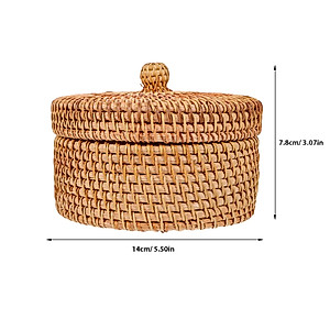 ULTNICE Round Rattan Storage Box with Lid - Hand Woven Rattan Basket for Desktop or Decorative Use